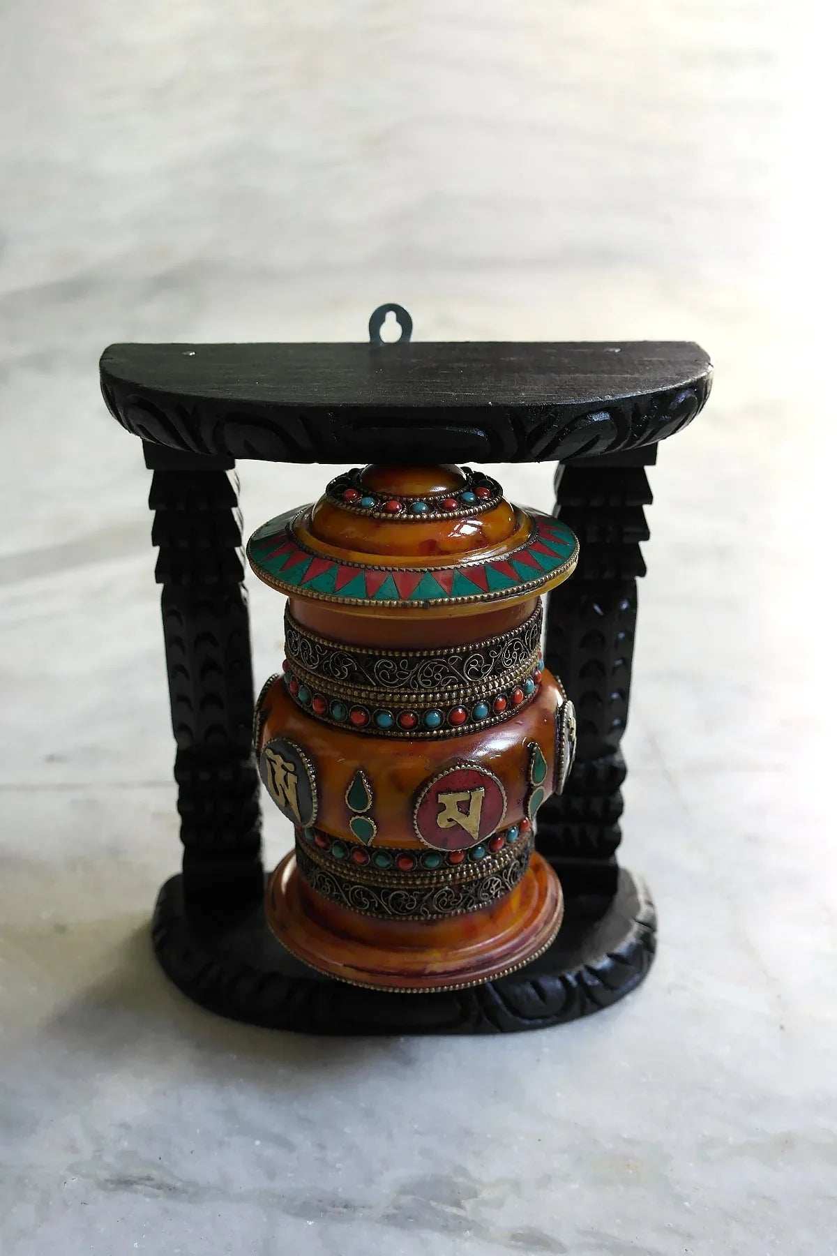 Om Mane peme hum on Gemstone in Prayer Wheel with black frame | Vajrac ...