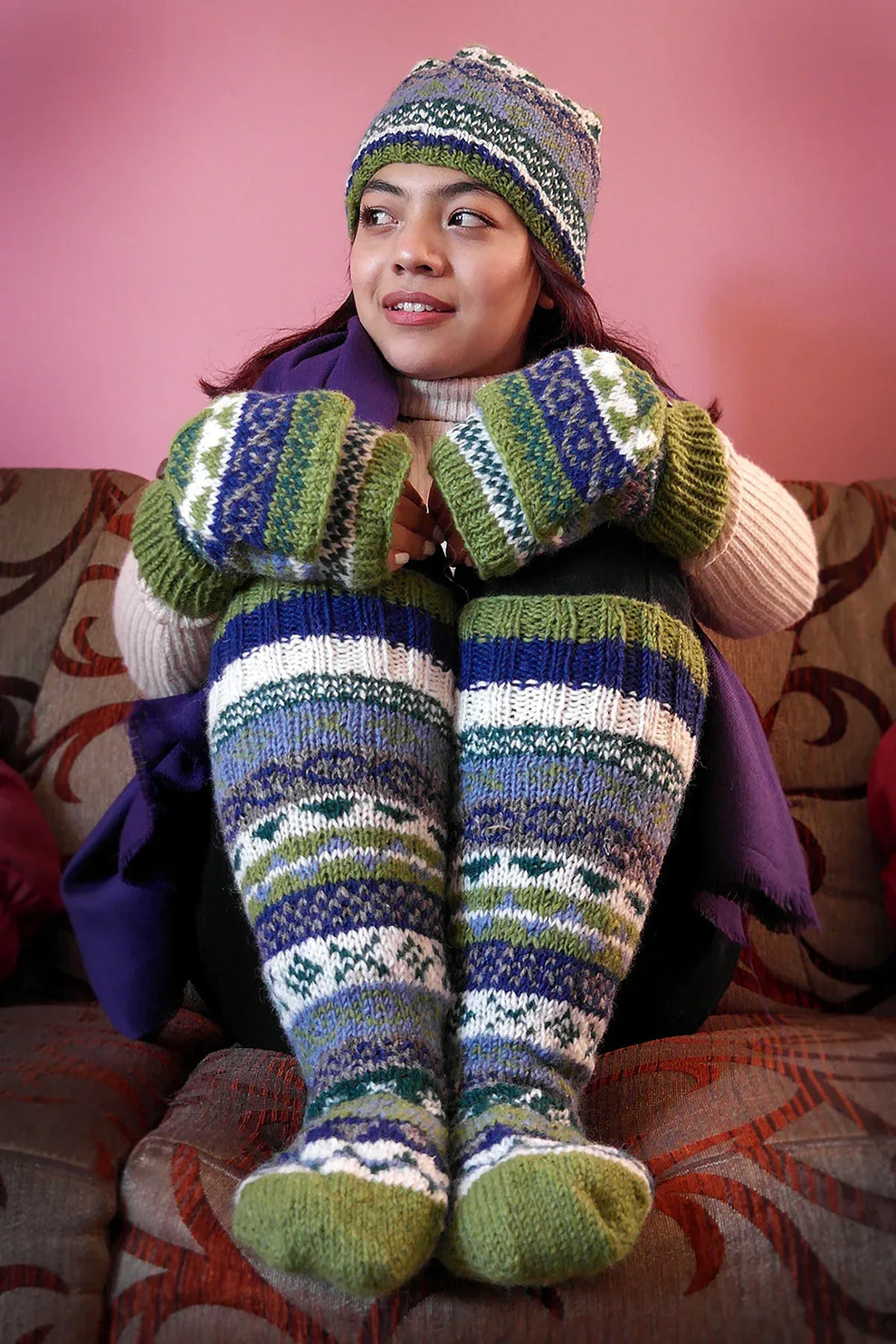 Olive Green mixed color Woolen Knee High Socks | Vajracrafts