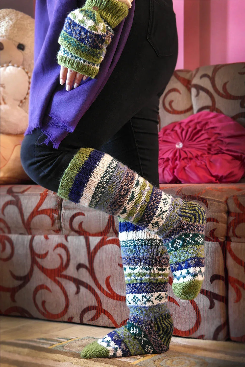 Olive Green mixed color Woolen Knee High Socks | Vajracrafts