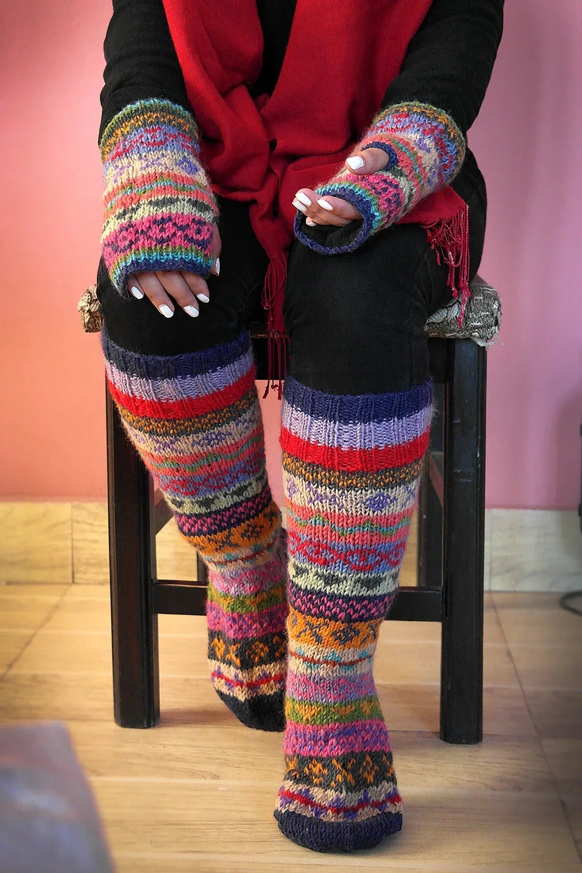 Blue pink and green mixed color Woolen Knee High Socks – Vajracrafts