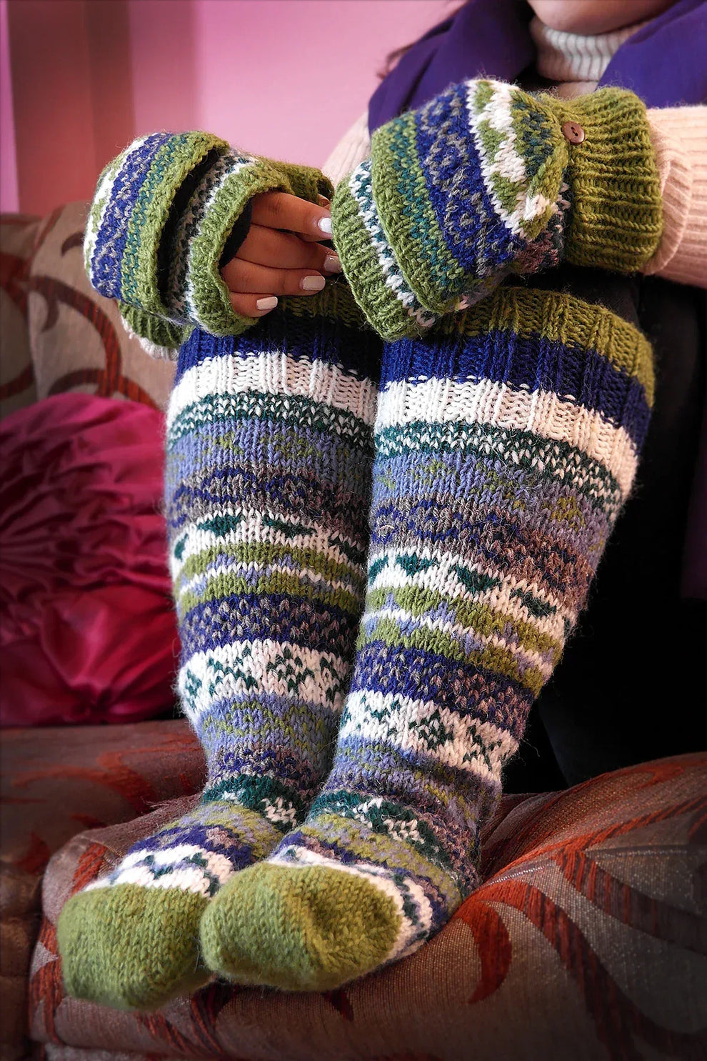Olive Green mixed color Woolen Knee High Socks | Vajracrafts